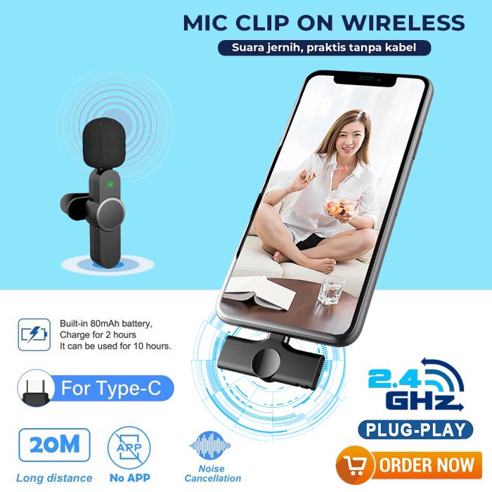 Jual mic Microphone Clip On Wireless Portable 2.4Ghz Receiver Type C ...