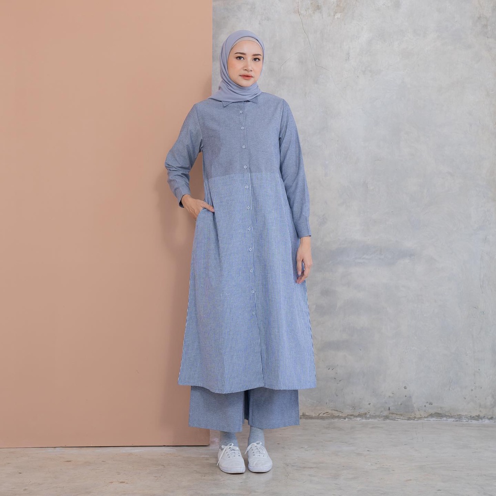 Jual KANA SET DENIM MIX STRIPES / SETELAN BAJU MUSLIM / SET BAJU MUSLIM ...