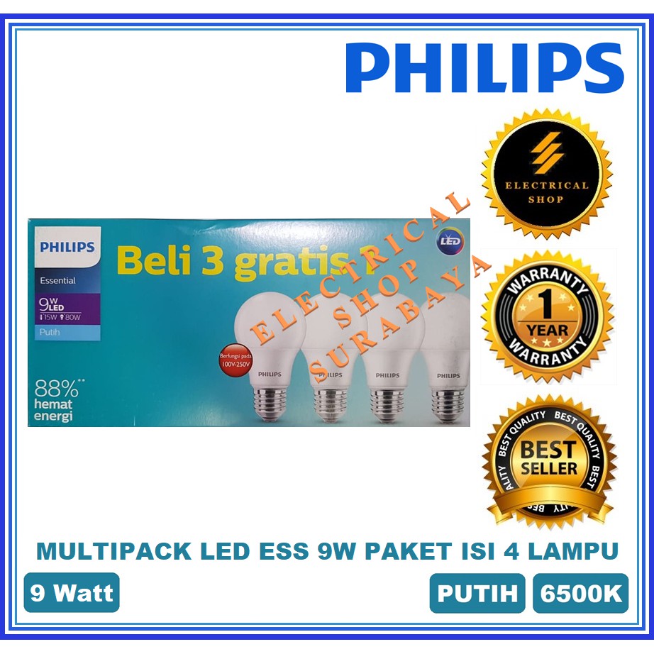 Jual PHILIPS LAMPU LED ESSENTIAL MULTIPACK 9W 9 W WATT PUTIH (GROSIR ...
