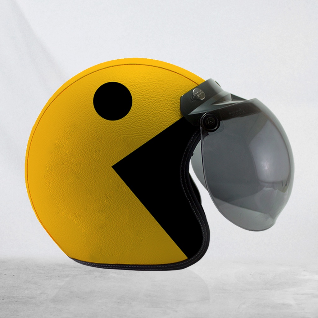 Jual Helm Retro Bogo Kulit Motif Pac Man Klasik Kuning Kaca Bubble ...