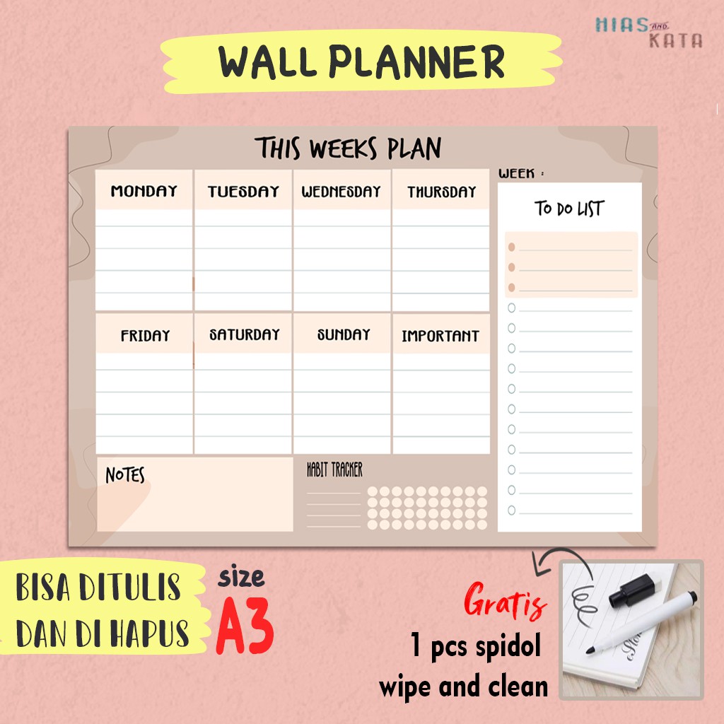 Jual Weekly Planner wall Week Plan with Habit Tracker,notes & to do ...