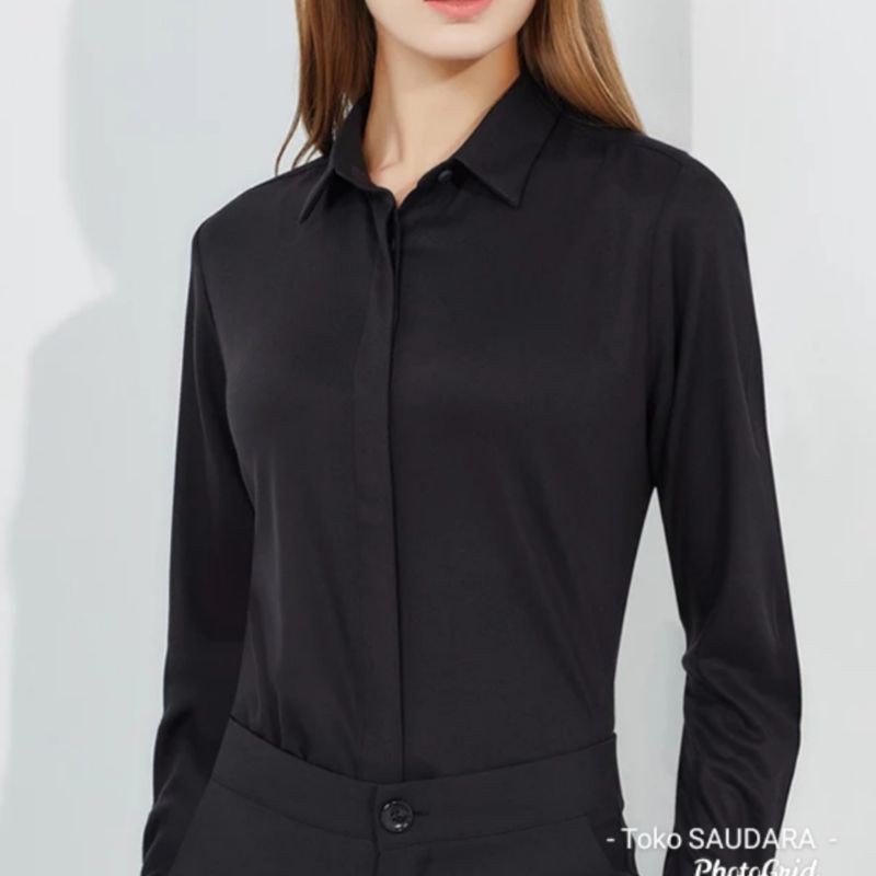 Jual kemeja formal wanita hitam polos lengan panjang skoder | Shopee ...
