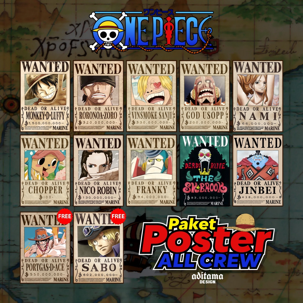 Jual Poster Aesthetic One Piece - Poster Wanted Crew Mugiwara no Luffy ...