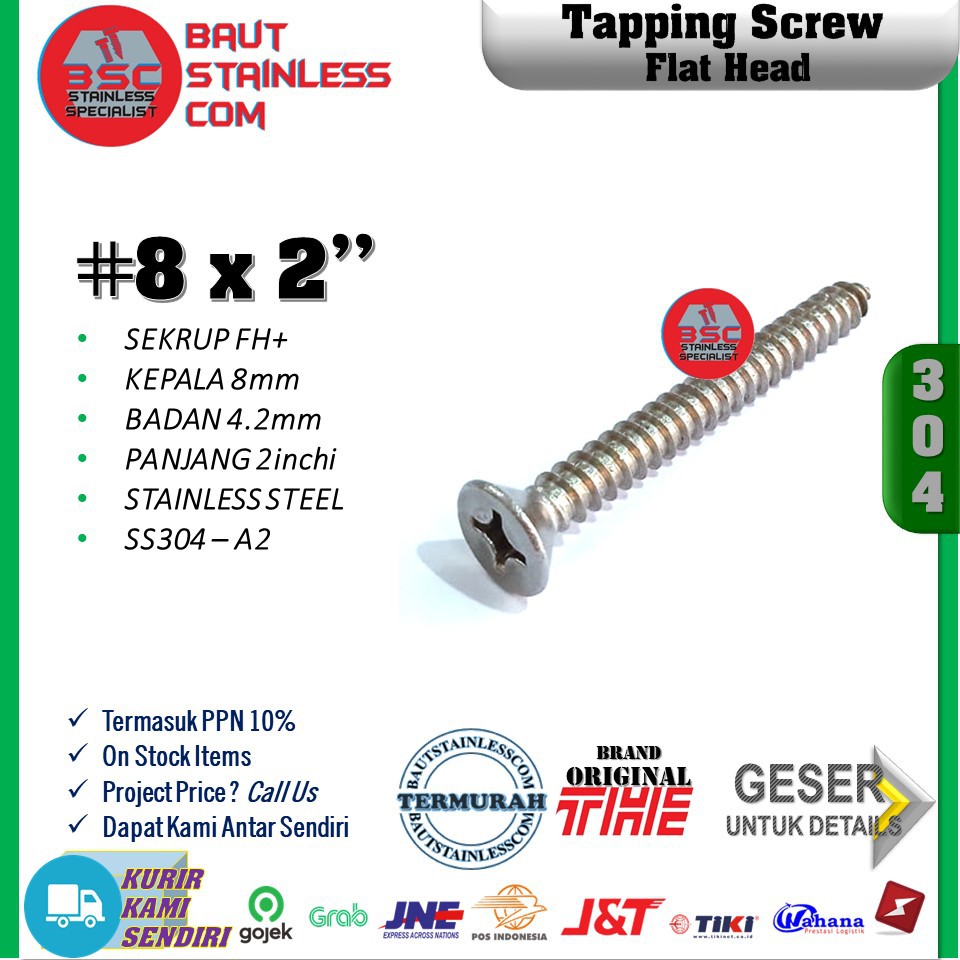 Jual TAPING SCREW SEKRUP FAB OBENG+ FLAT HEAD FH+ STAINLESS SS304 #8X2" ISI 10 PCS | Shopee ...