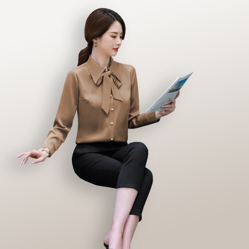 Jual Kemeja lengan panjang wanita gaya Korea variasi dasi ikat model ...