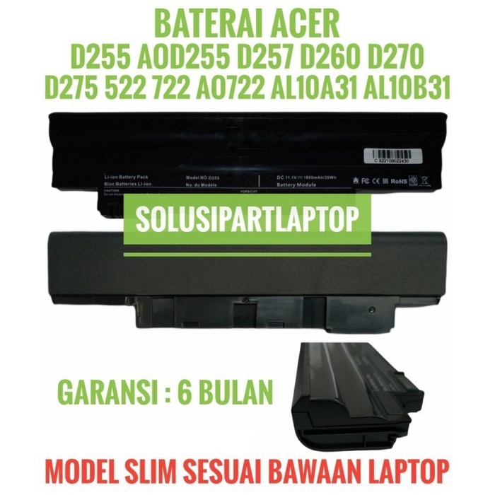 Jual Baterai Laptop Acer Aspire One D255 D772 D260 D270 AL10B31 SUPER SLIM | Shopee Indonesia