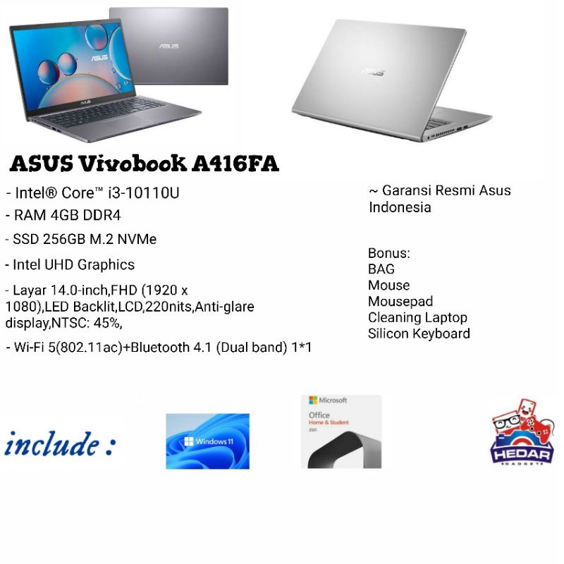 Jual Asus Vivobook A416FA Intel i3 10110U 4GB 256GB Intel W11 OHS 14 ...