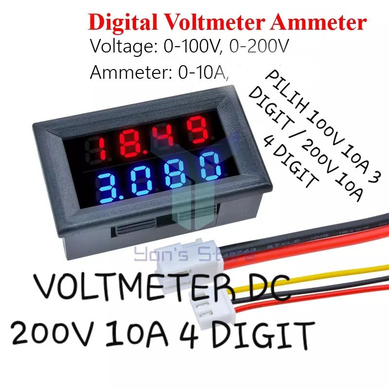 Jual DC AMMETER VOLTMETER AMPERMETER 100V 10A 3 DIGIT / 200V 10A 4 ...