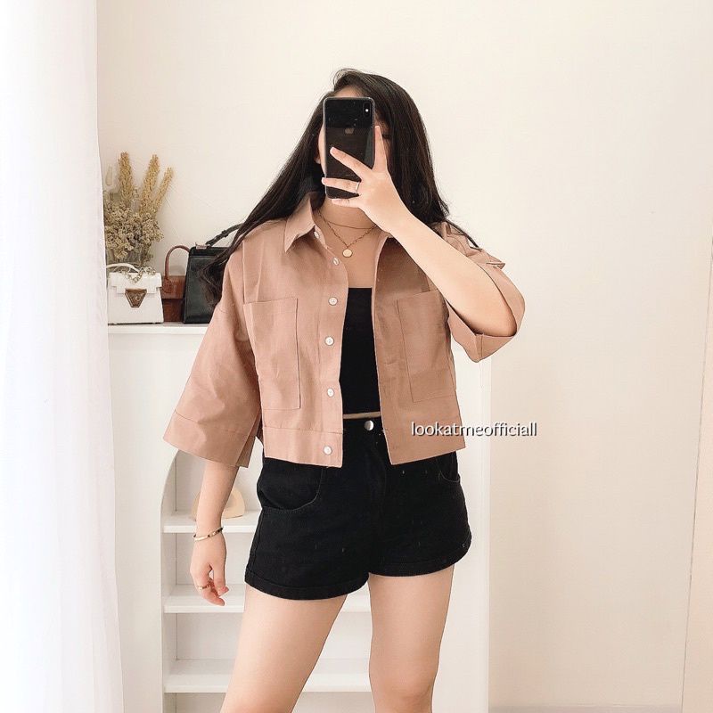 Jual KEMEJA OUTER CROP LINEN / KEMEJA CROP 2 POCKET LINEN | Shopee ...