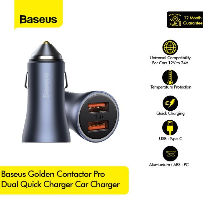Jual Baseus Car Charger Mobil 40W 20W Dual Port USB Type A / C PD QC 3. ...