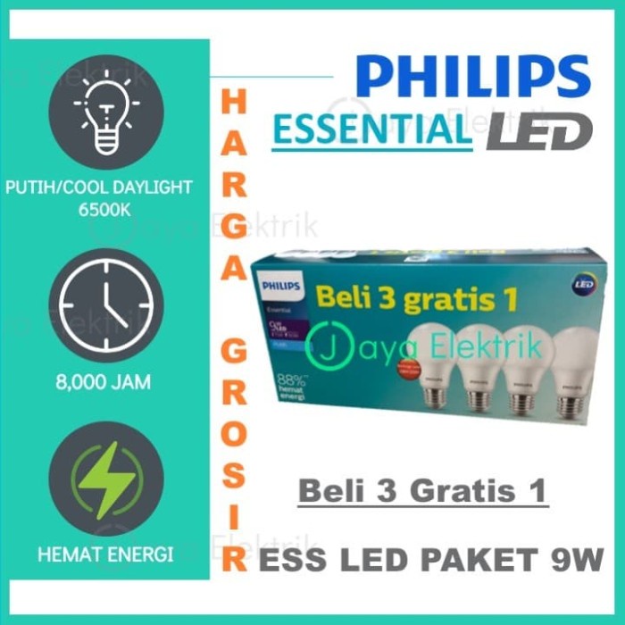 Jual PHILIPS LAMPU LED ESSENTIAL PAKET 9W W 9WATT MULTIPACK 3 Gratis 1 ...