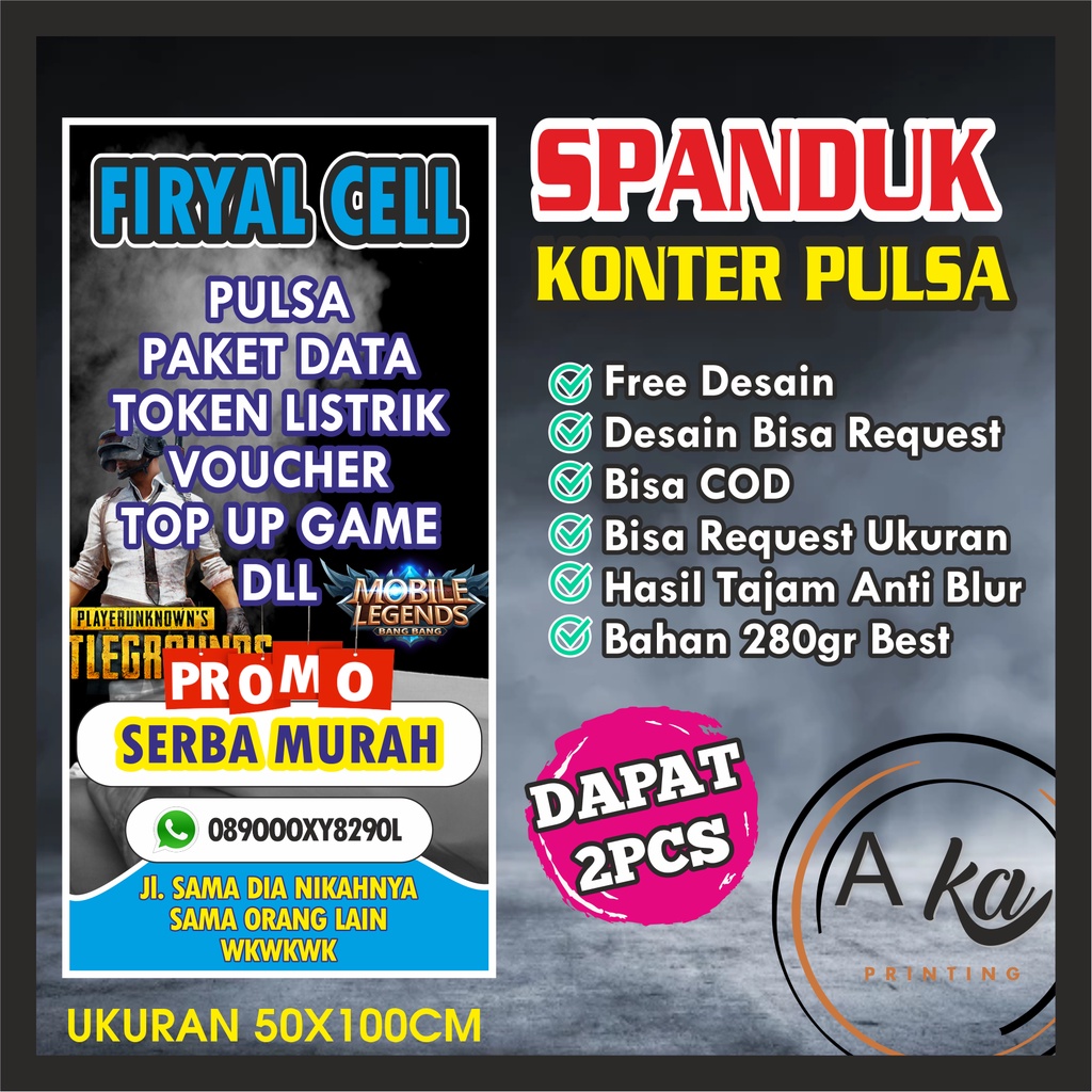 Jual 2pcs spanduk ukuran 50x100 AKA PRINTING/SPANDUK PULSA/BANNER KONTER/SPANDUK 1 HARI JADI ...