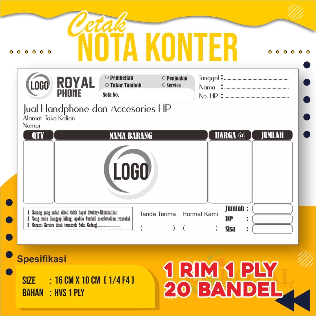 Jual Cetak Nota 1ply ukuran 1/4 Folio 1 Rim 20 Bendel satu warna custom ...