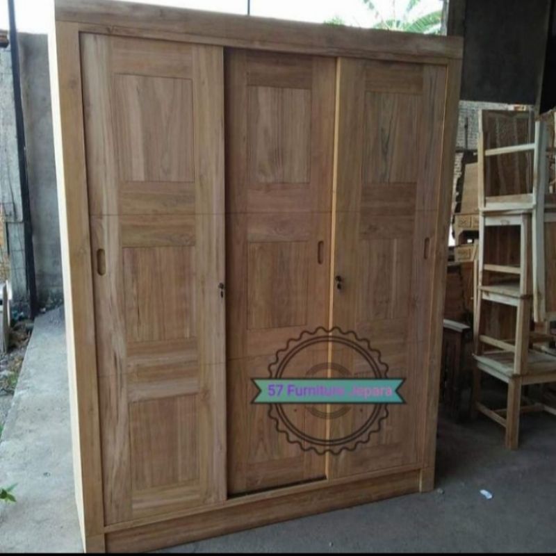Jual Lemari pakaian 3 pintu sliding kayu jati mentahan jepara | Shopee Indonesia