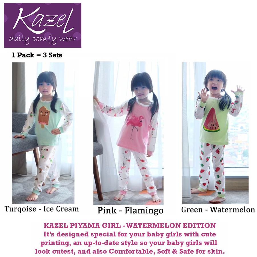 Jual kazel piyama lengan panjang celana panjang cewek/perempuan murah meriah isi 3pcs watermelon ...