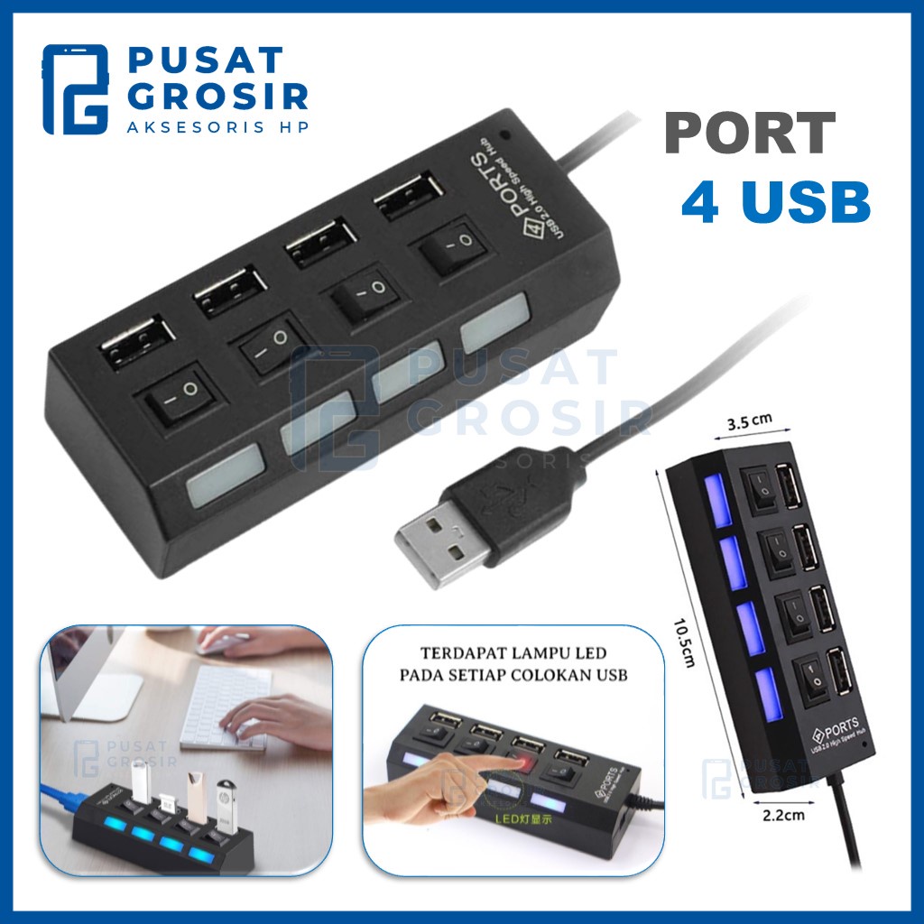 Jual USB Hub 4 port Output on off LED 4in1 Colokan Konektor 2.0 cocok ...