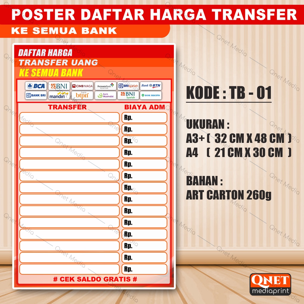 Jual POSTER DAFTAR HARGA TRANSFER KE SEMUA BANK + LAMINASI GLOSSY ...