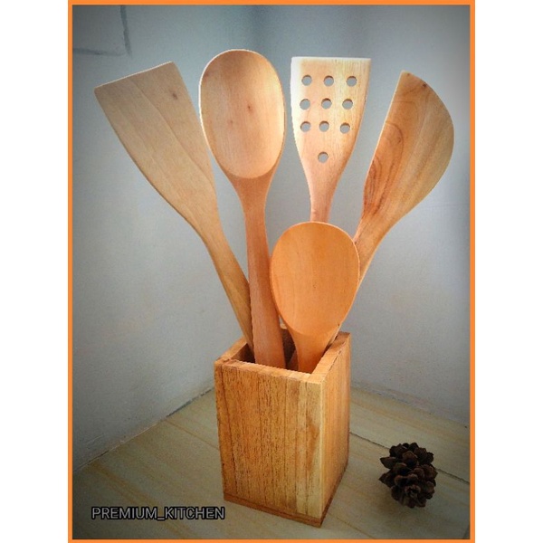 Jual Spatula Kayu Set 5pcs+Wadah / Sutil / Sendok Sayur / Sutil Tiris ...