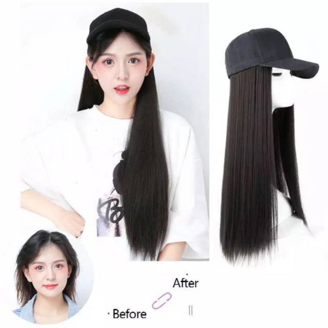Jual Wig Rambut Palsu Plus Topi Base Ball Panjang 60 CM | Shopee Indonesia