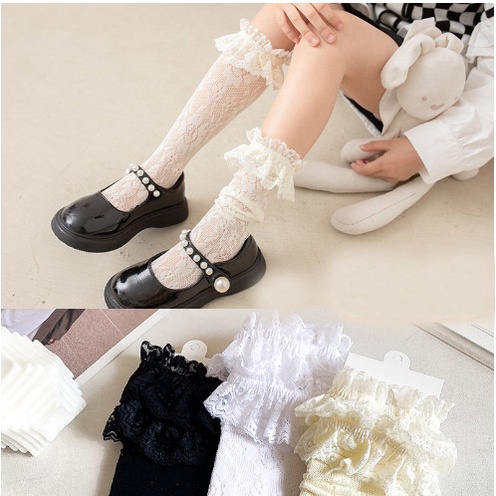 Jual KAUS KAKI ANAK PEREMPUAN PUTIH, CREAM , HITAM MOTIF RENDA PANJANG ...