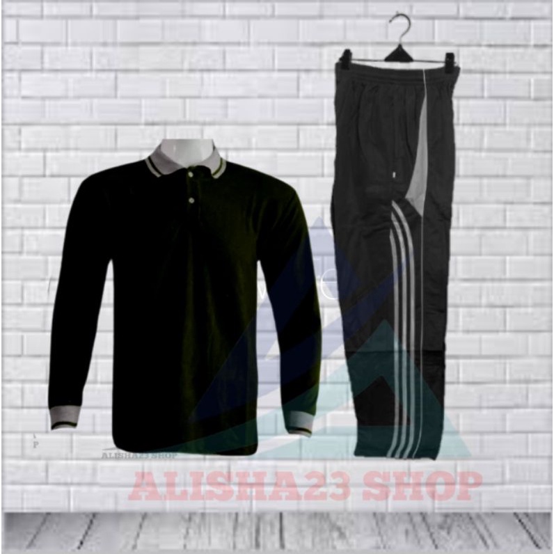Jual setelan kaos hitam berkerah lengan panjang pria/ set trening hitam ...