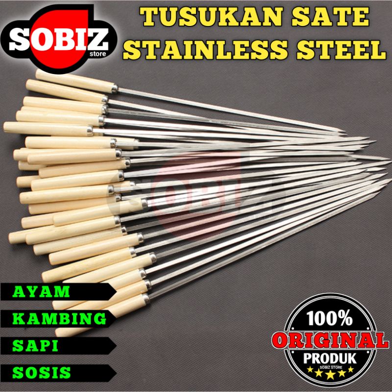 Jual Tusukan Sate Ayam Kambing Sapi Sosis Stainless Steel BBQ Gagang ...