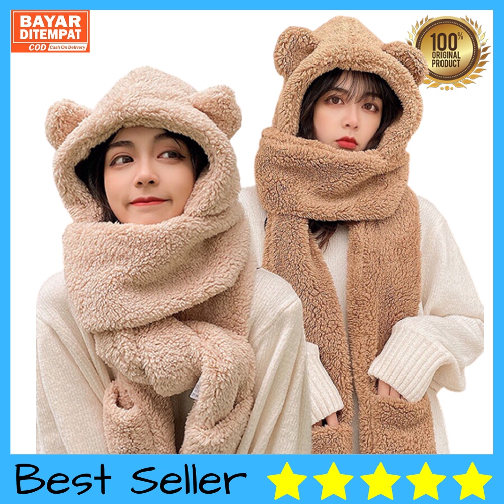 Jual TOPI JENNIE BULU BERUANG SYAL PANJANG COKLAT WOL TELINGA BEAR ...