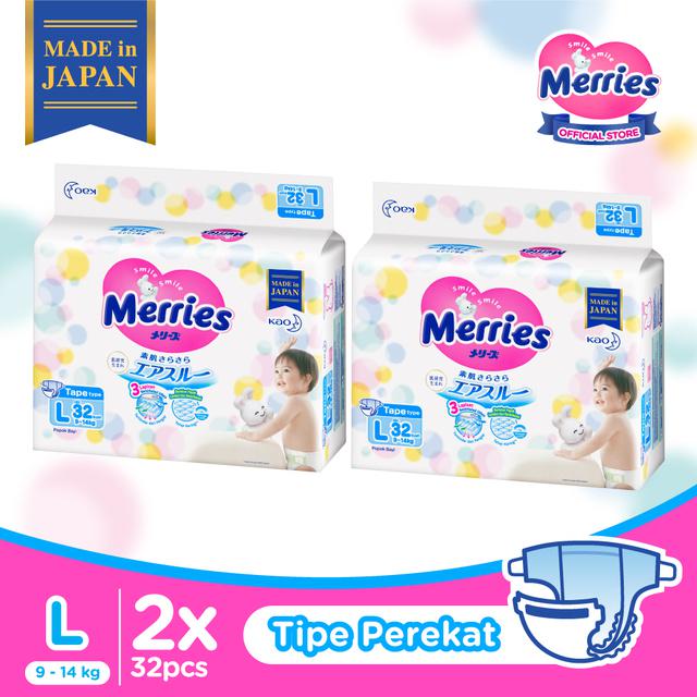 Jual Merries Premium Popok Bayi Perekat L 9 - 14 kg 2 x 32 pcs | Shopee ...