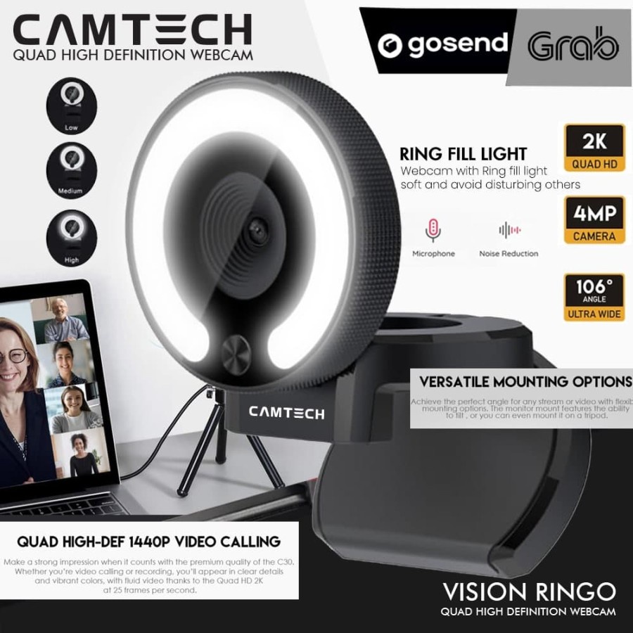 Jual CAMTECH Webcam 2K 4MP RINGO QHD 1440P With Ring Light and Auto ...