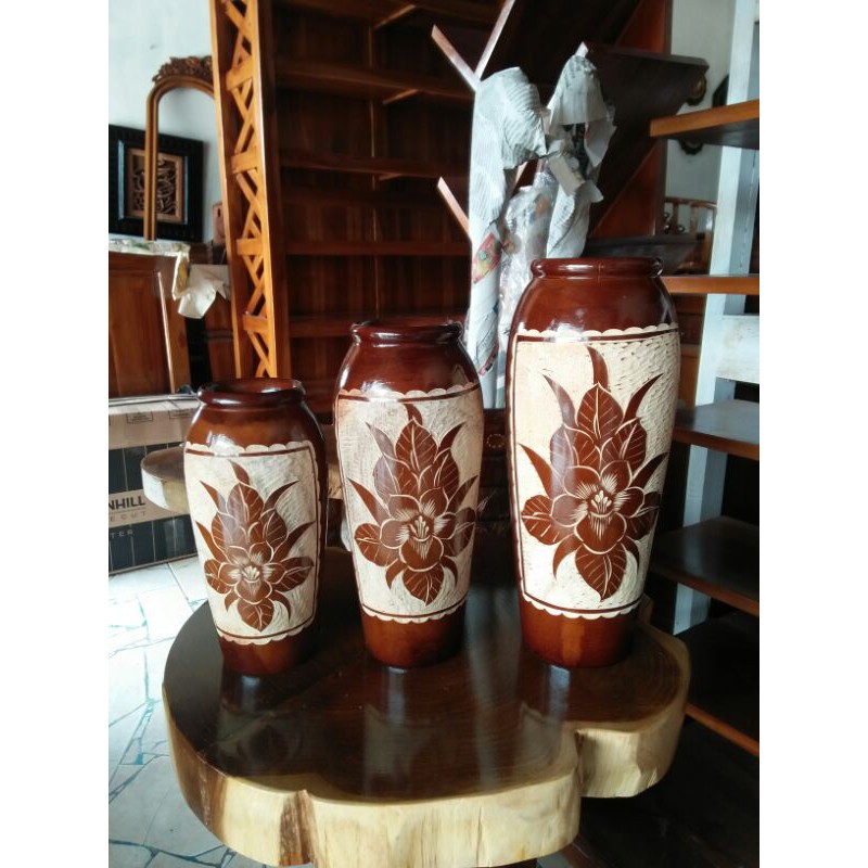 Jual fas pot bunga gentong 1 set ada 3 pcs dari kayu jati | Shopee ...