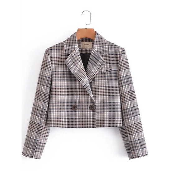 Jual RS-4507 Blazer Crop Wanita Kotak Kotak Blazer Kantoran Lengan ...