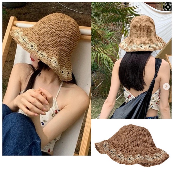 Jual Havana Straw Bucket Hat Topi Pantai Lipat Rajut Etnik Korean Style Import | Shopee Indonesia
