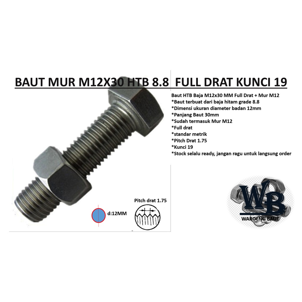 Jual BAUT M12X30MM BAJA - BAUT BAJA M12 X 30 - BAUT MUR M12X30 HTB 8.8 ...