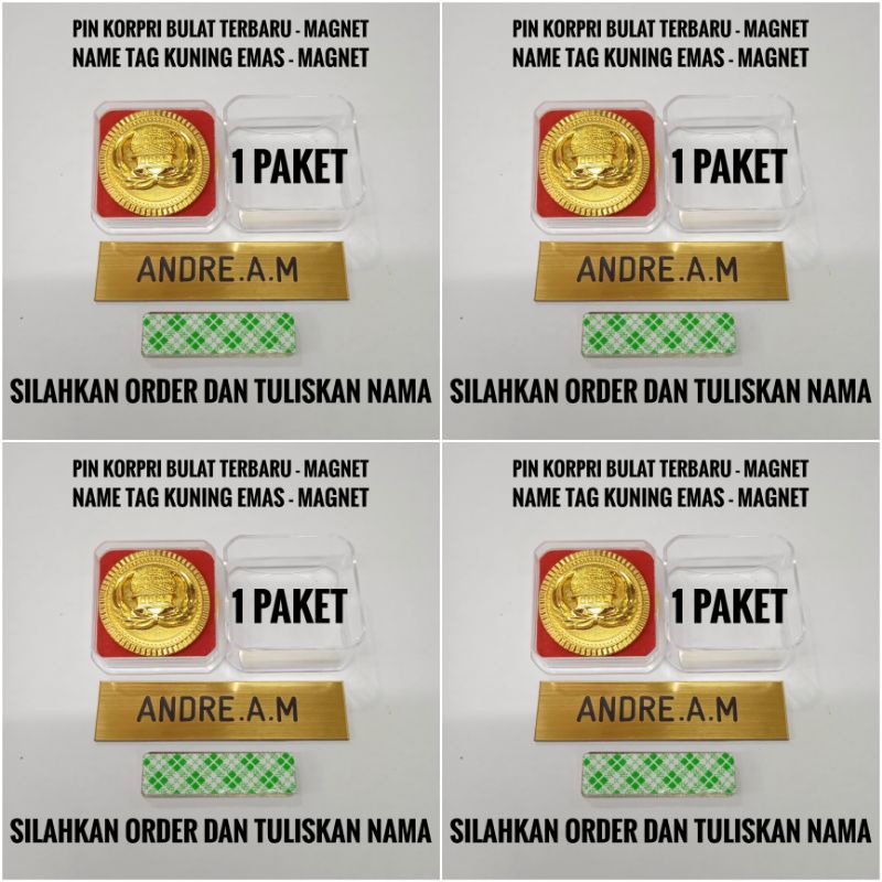 Jual 1paket pin korpri terbaru dan nama dada kuning emas finishing ...