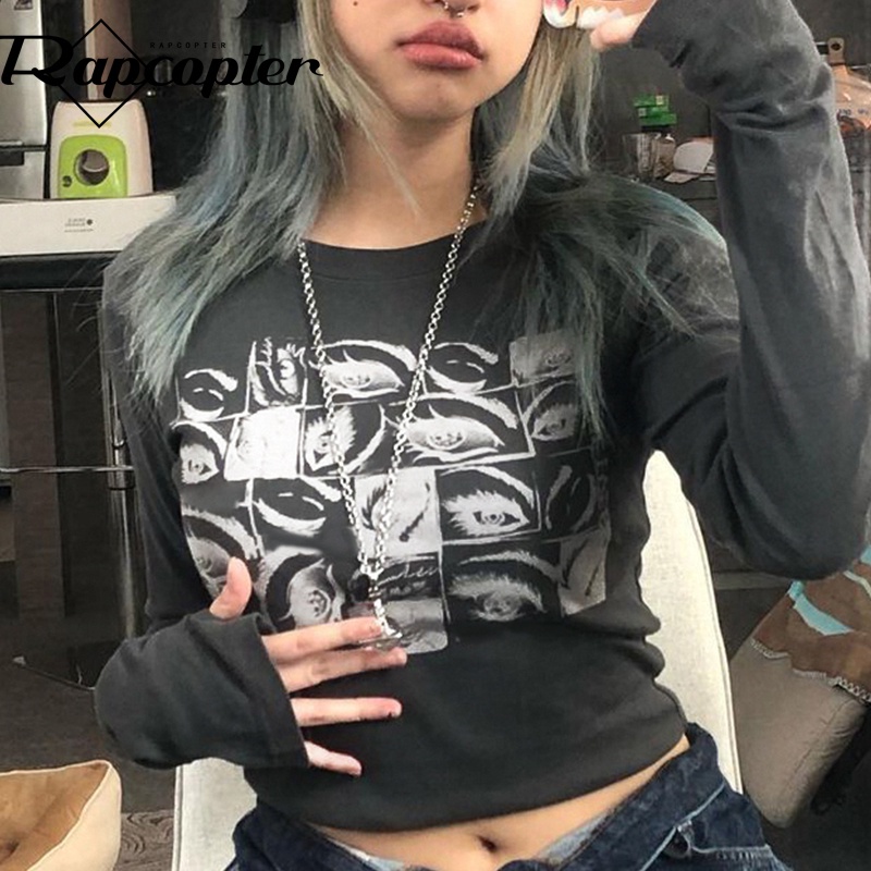 Jual Rapcopter Y2k Eyes Printed Crop Top Black Cotton T Shirt Long