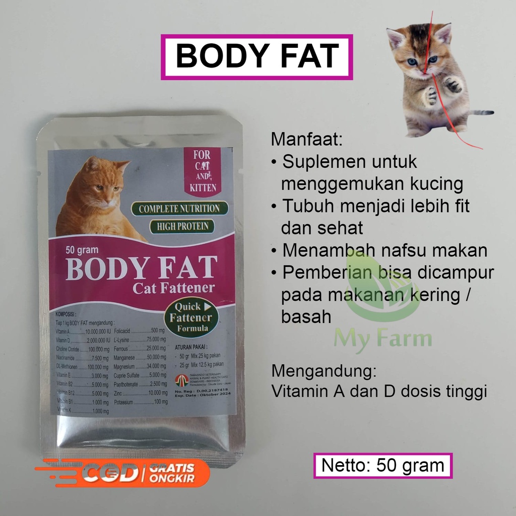 Jual Body Fat Cat Fattener 50 Gram Vitamin Penggemuk Kucing Bubuk ...