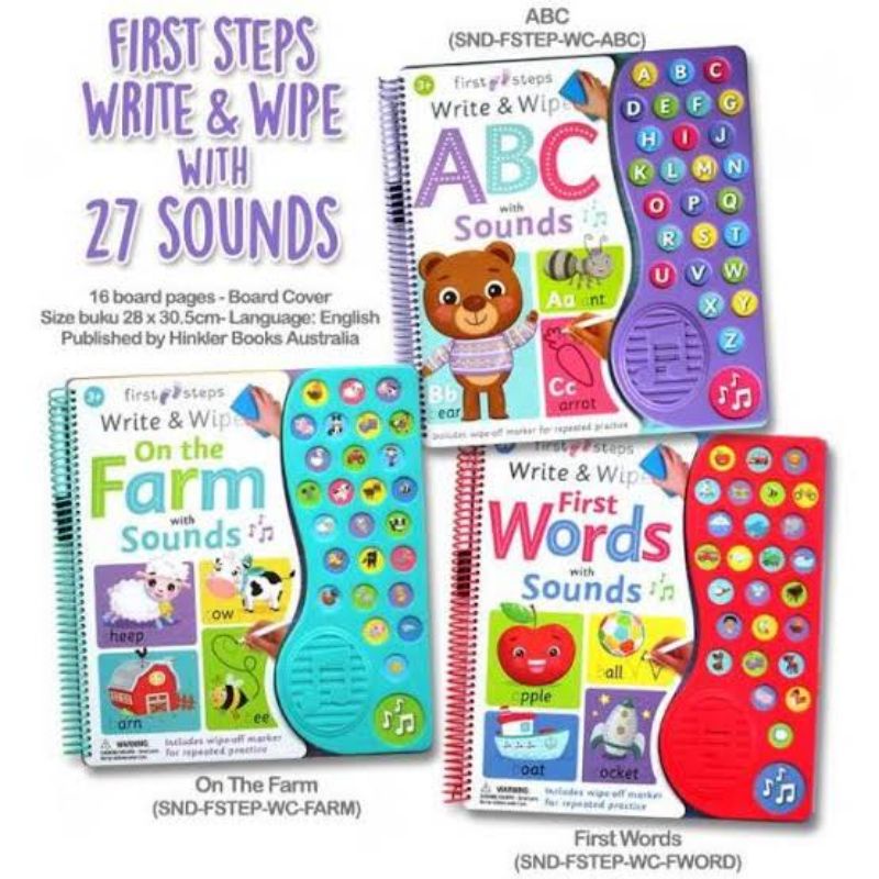 Jual First Steps Write & Wipe ABC/First Words/Farm with Sounds. Buku ...