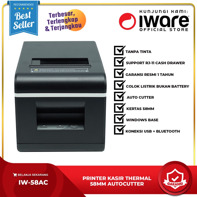 Jual PRINTER THERMAL KASIR IWARE C-58AC 58MM USB BLUETOOTH AUTOCUTTER ...