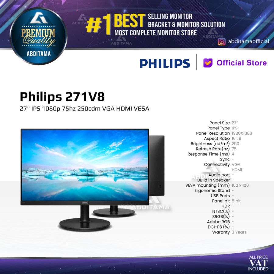 Jual Monitor LED Philips 271V8 27" IPS 1080p 75hz 250cdm VGA HDMI VESA ...