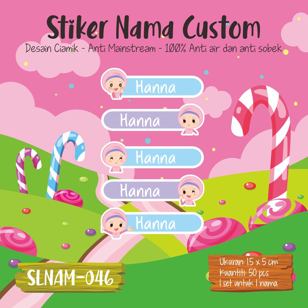 Jual sticker label nama anak kartun girl cute princes muslimah SLNAM ...