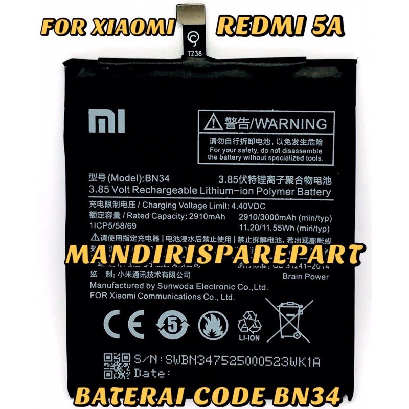 Jual Batre Baterai Xiaomi Redmi 5A Bn34 Baterai Xiaomi Redmi 5A Bn34 ...