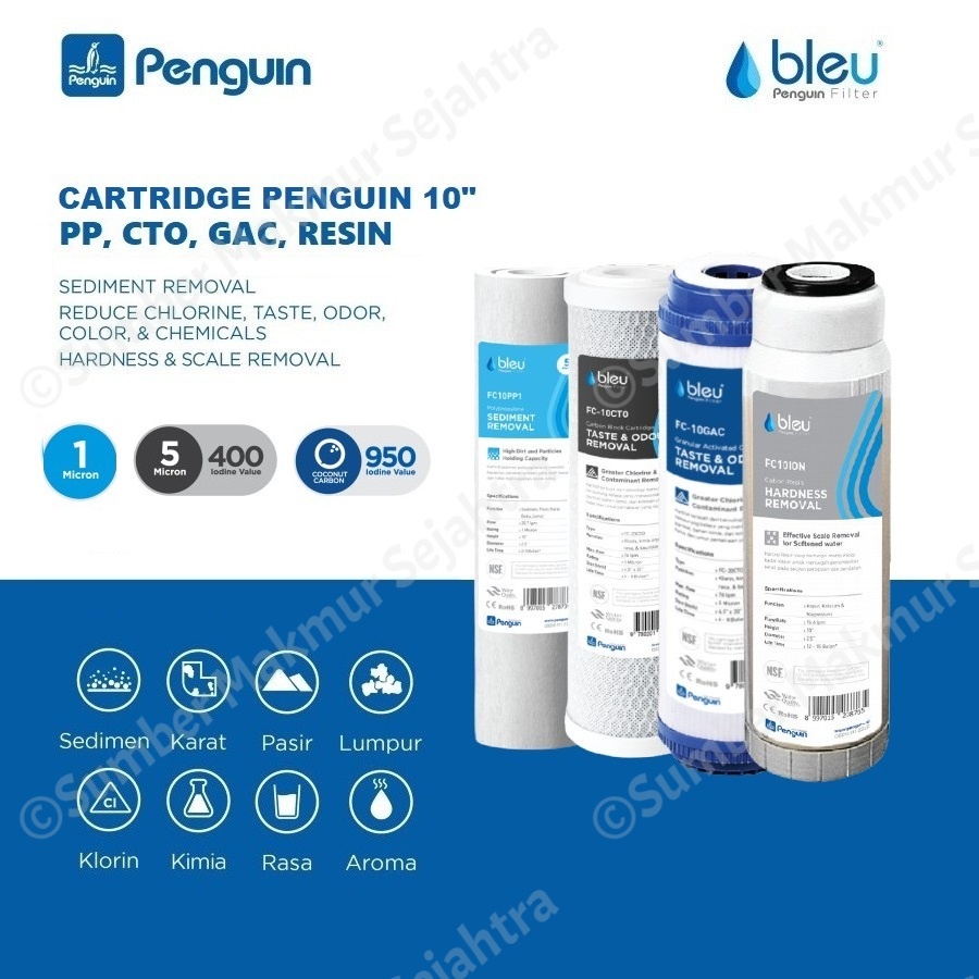 Jual Paket Cartridge Filter Air Penguin Bleu 10" PP CTO GAC Resin ...