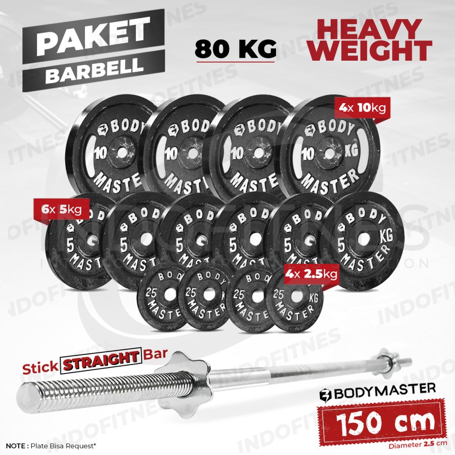 Jual BODYMASTER Paket Barbel 150cm + Plate Besi 35KG 50KG 80KG Barbell ...
