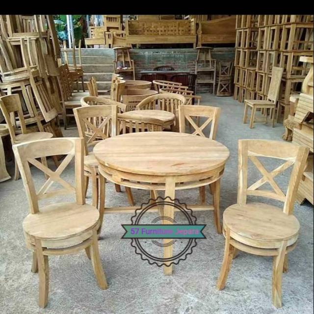Jual Meja makan kursi 4 jati model bundar - mentahan | Shopee Indonesia