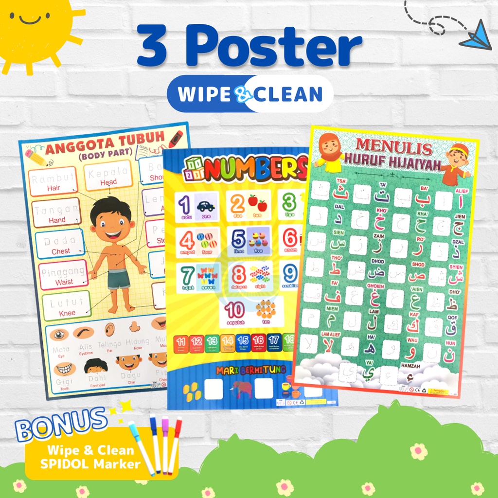 Jual Poster Edukasi Anak Wipe and Clean Belajar Menulis Huruf Angka ...