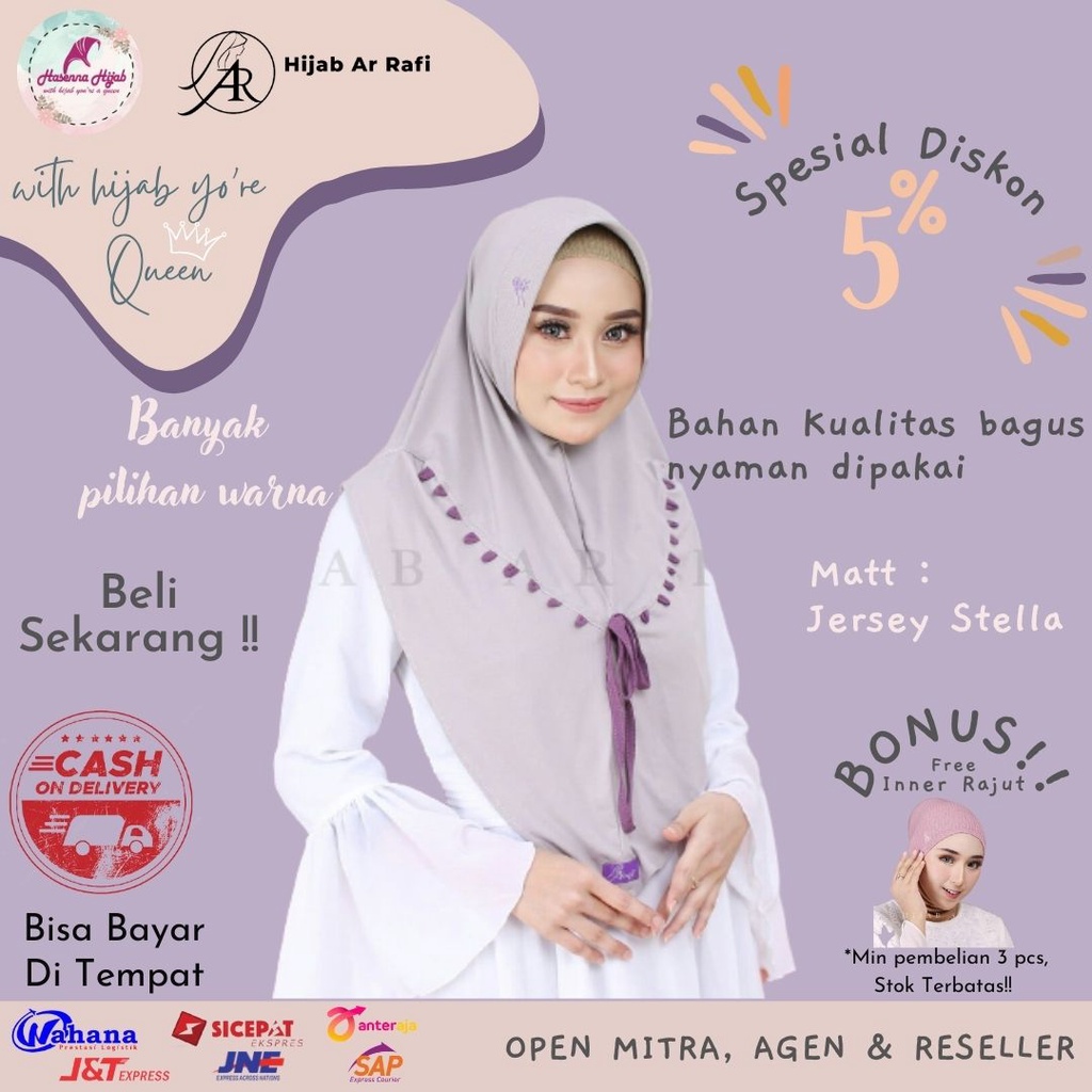 Jual Jilbab Arrafi Hijab Terbaru AR 433 STD Aksen Pita Kombinasi Kain Warna Lain Bahan Stella ...