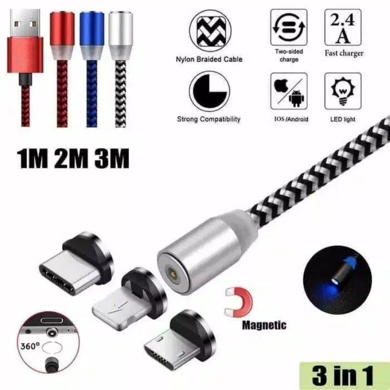 Jual KABEL MAGNETIC 3 IN 1 / KABEL CAS MAGNET FAST CHARGING 2.4A WITH ...