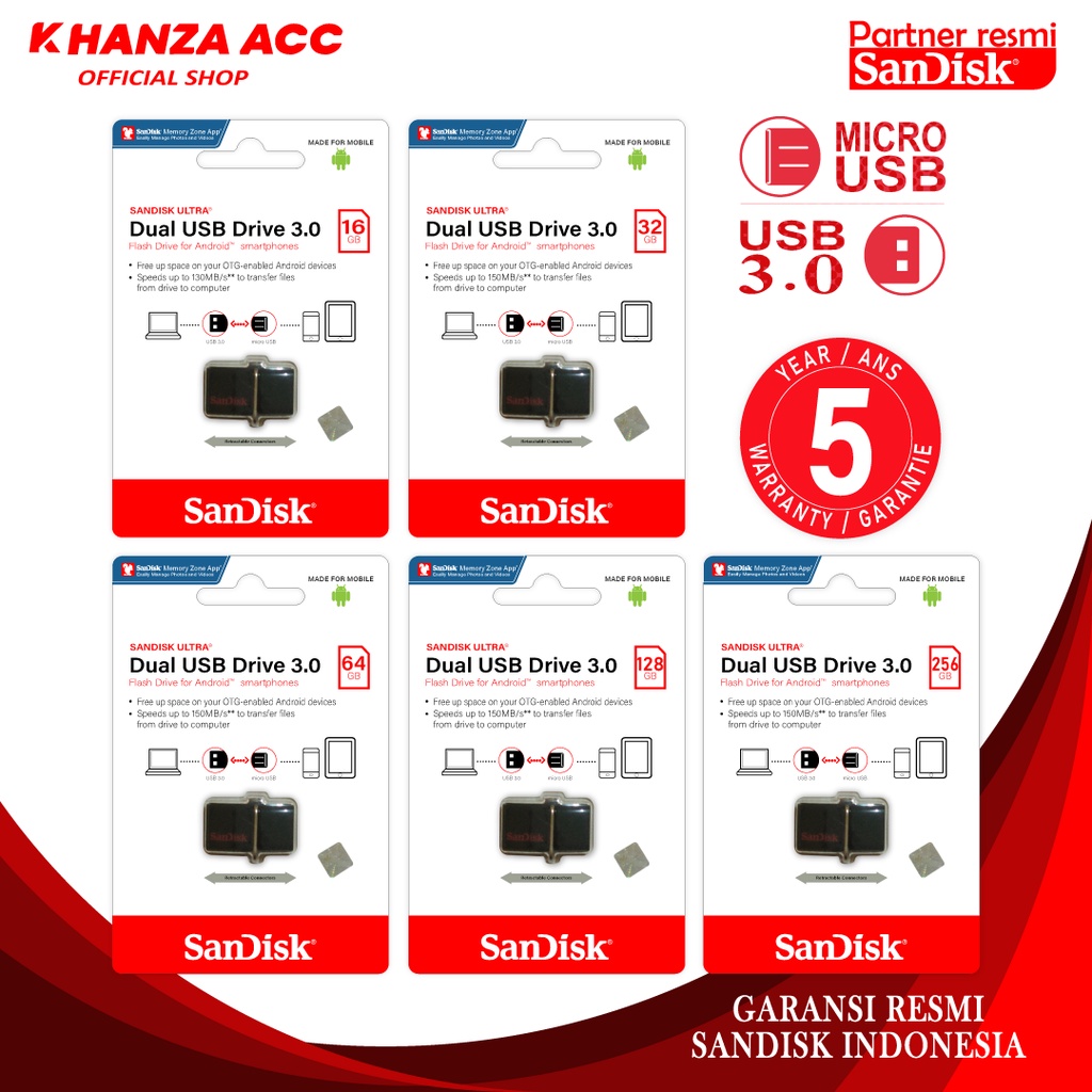 Jual KHANZAACC SANDISK Dual Drive Flashdisk OTG Micro 16GB 32GB 64GB ...