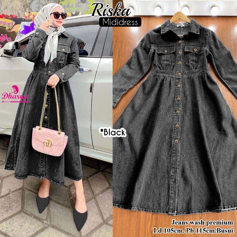 Jual Riska midi dress jeans wash busui dharya hijab | Shopee Indonesia