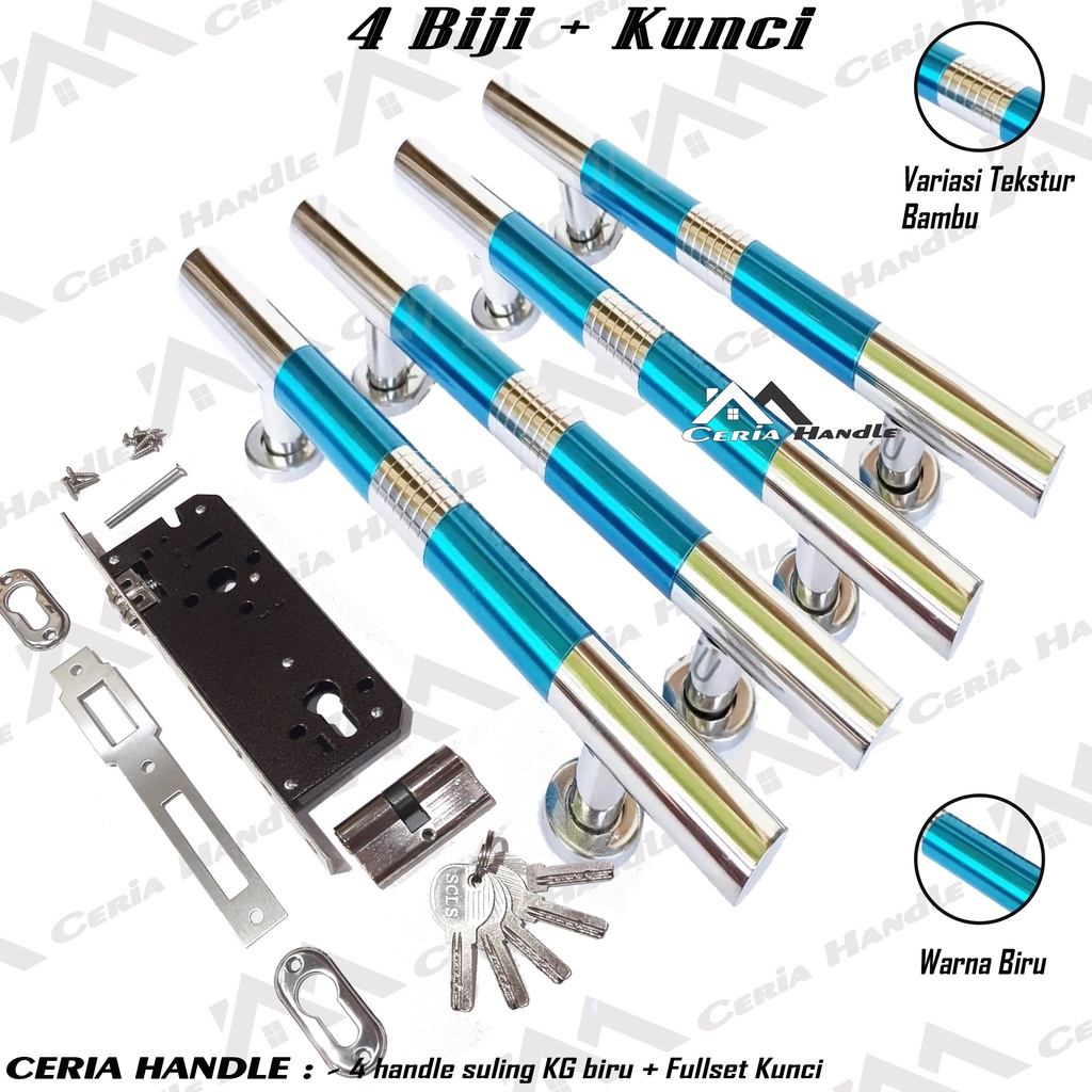 Jual handle pintu rumah set kunci 33 cm 45 cm - gagang pintu warna biru ...